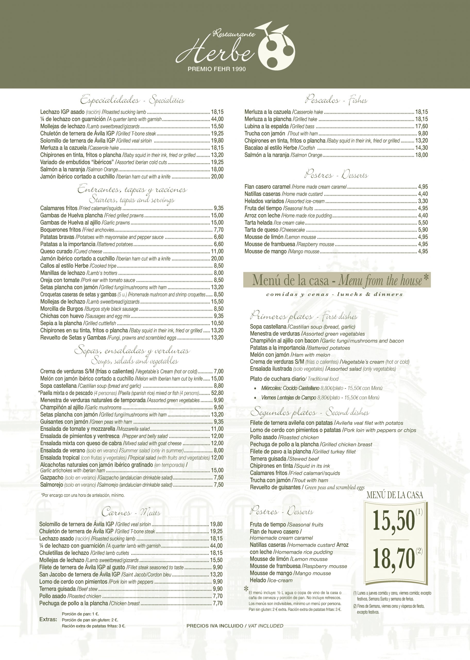 Restaurante Herbe | Menú de la Casa